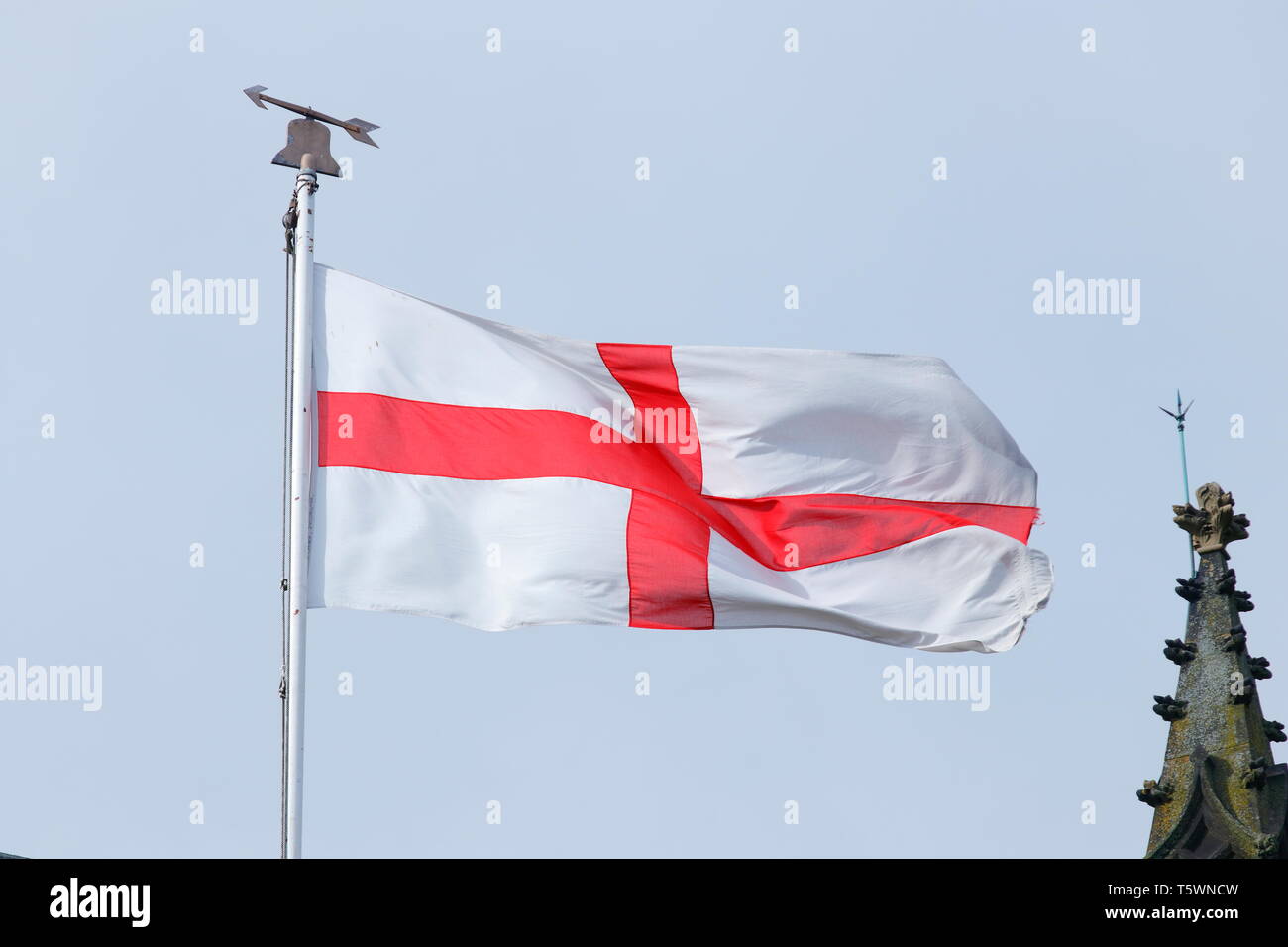 England flag on the roof of St Mary's Church Tower in Swillington Stock ...