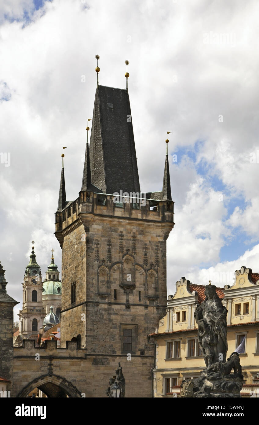 Tower at Staro Mesto end of Charles Bridge in Prague. Czech Republic ...