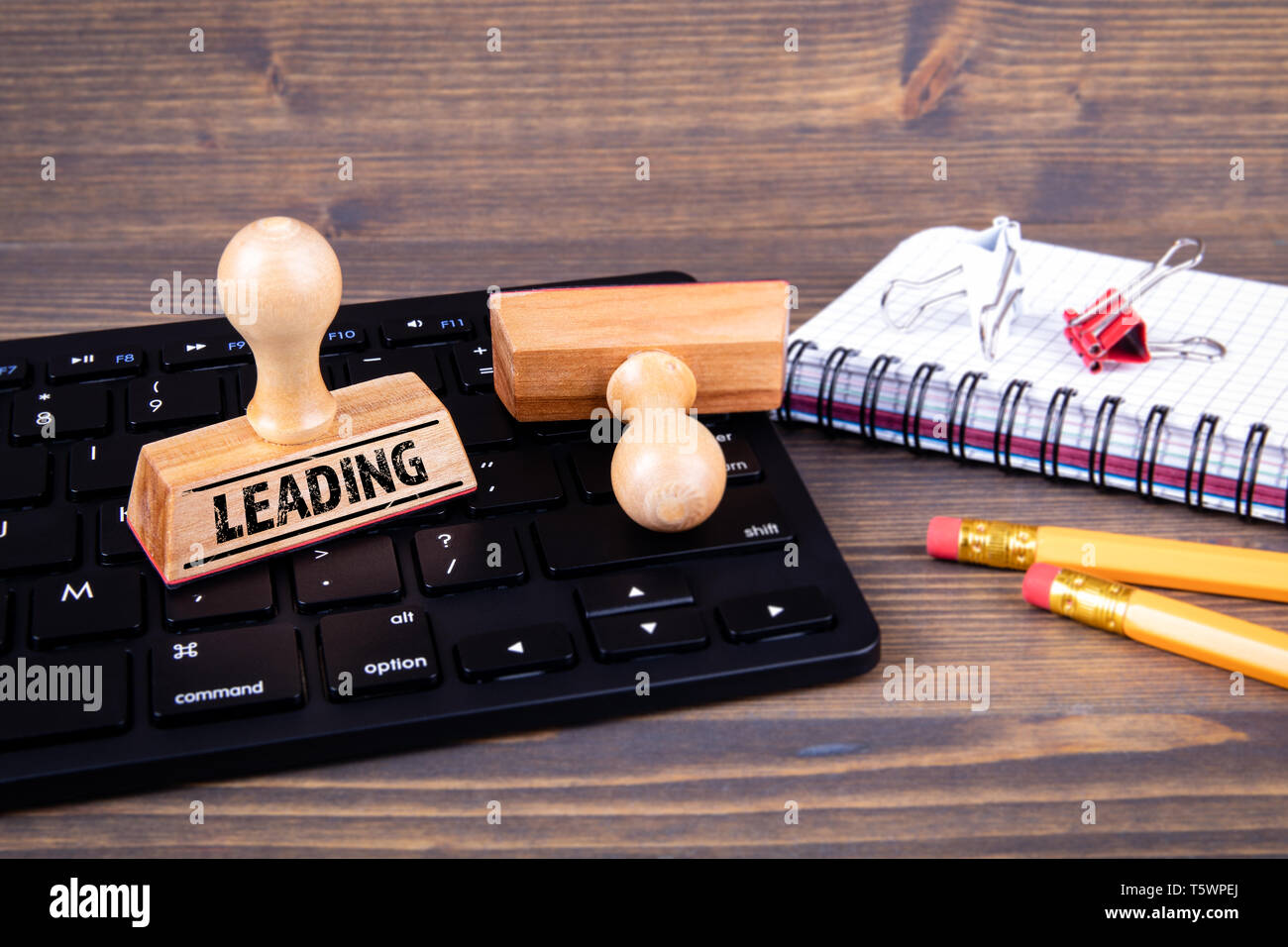 Leading concept. Computer keyboard and wooden stamps Stock Photo - Alamy