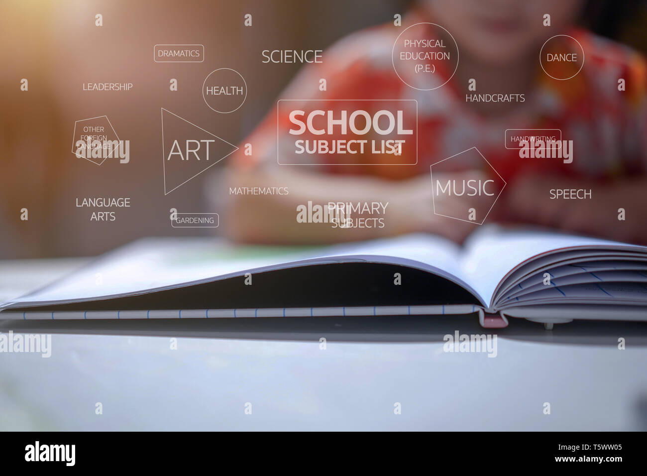 School subject list texts with kindergarten kid background, she was ...