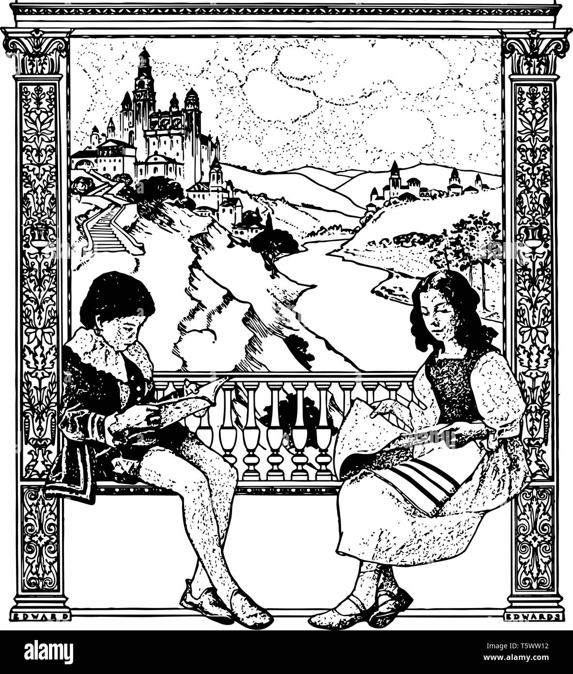 Children Reading on bench books castle reading skills subject vintage ...