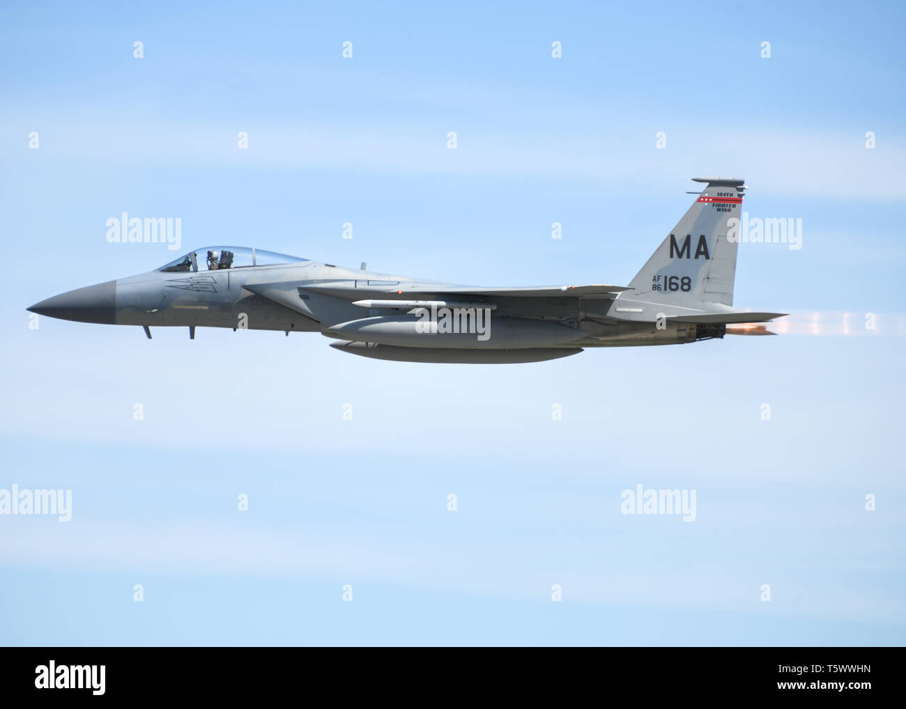 An F-15 Eagle from the 104th Fighter Wing takes off prior to training ...