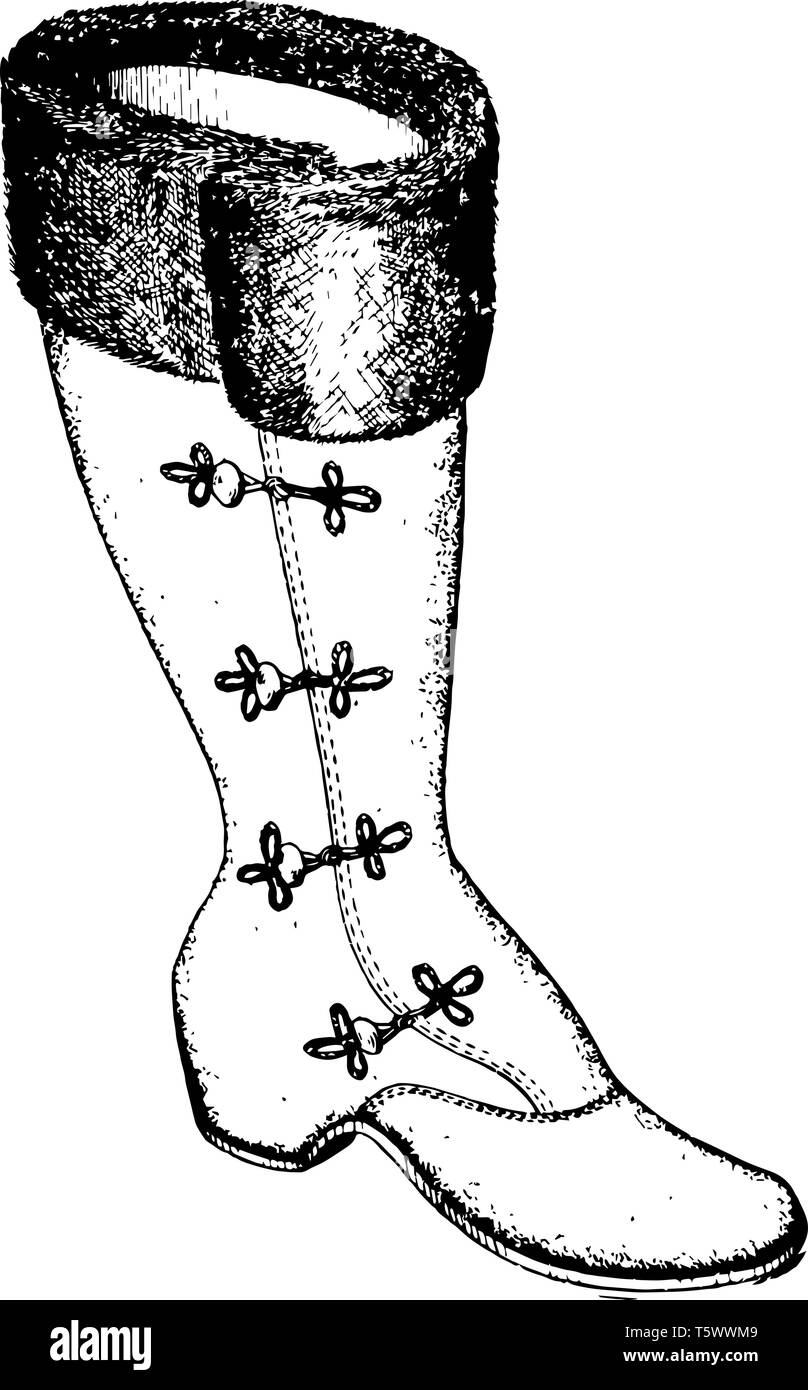 Single Boot shows four fastenings vintage line drawing or engraving ...
