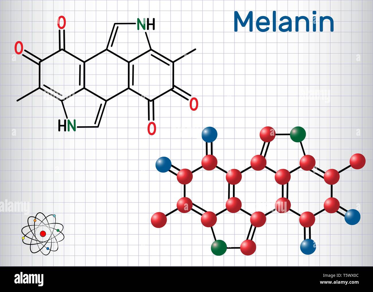 Melanin molecule. Structural chemical formula and molecule model. Sheet ...