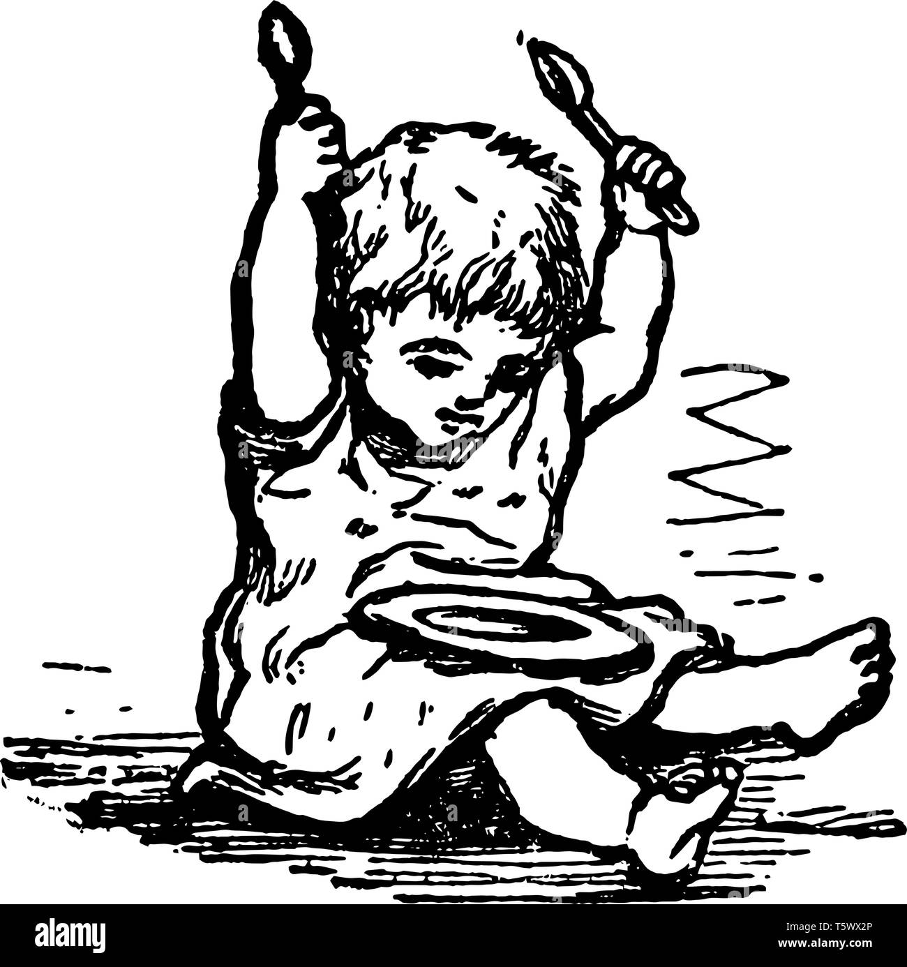 Baby playing with his food in this picture, vintage line drawing or ...