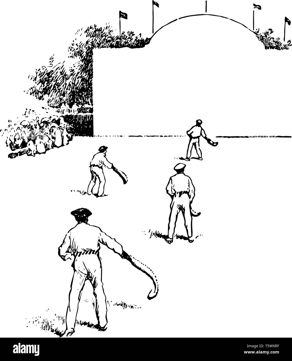 A number of players are busy in playing a ball game vintage line ...