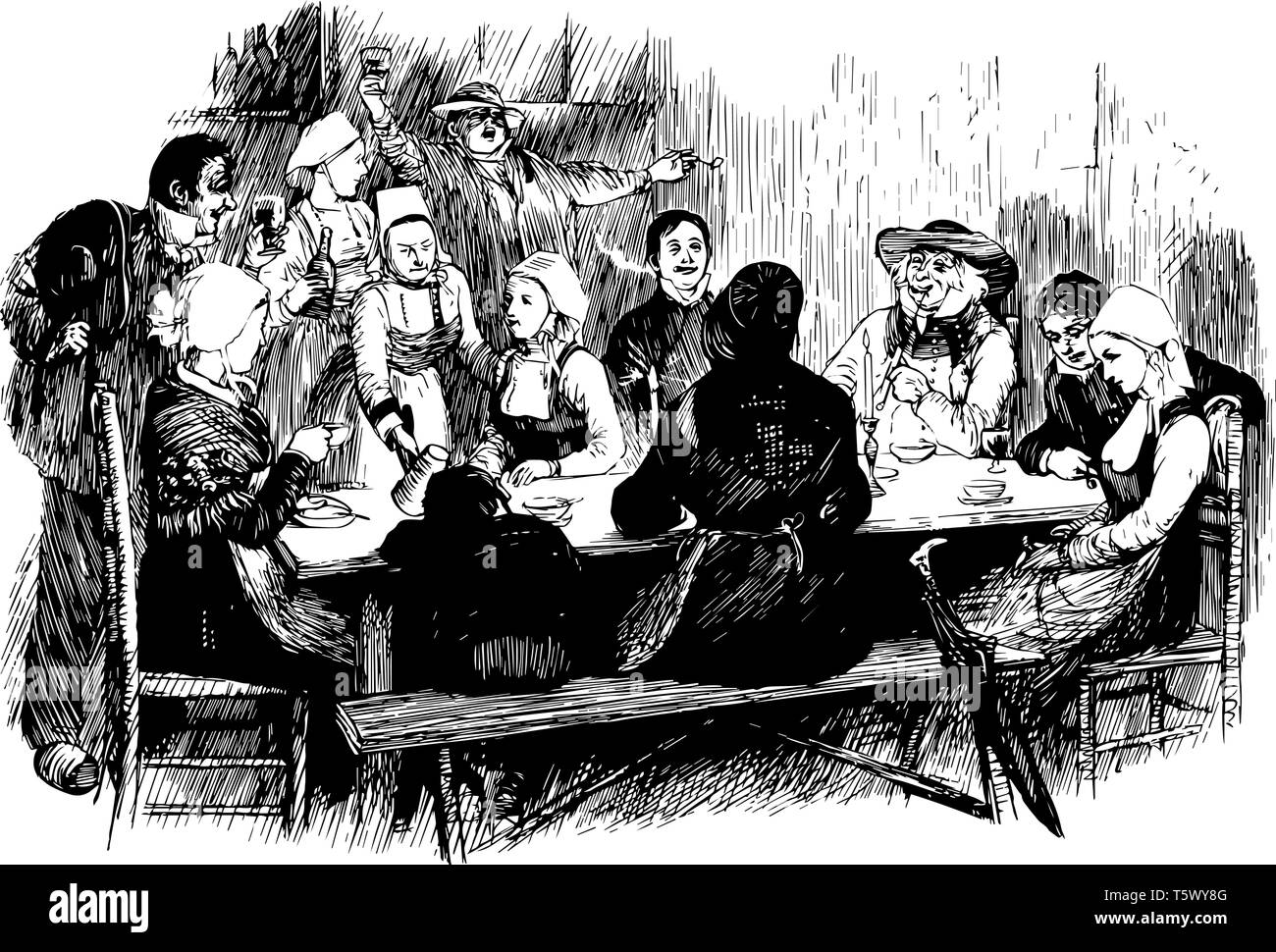 Group of men and women sitting around table at engagement party vintage ...