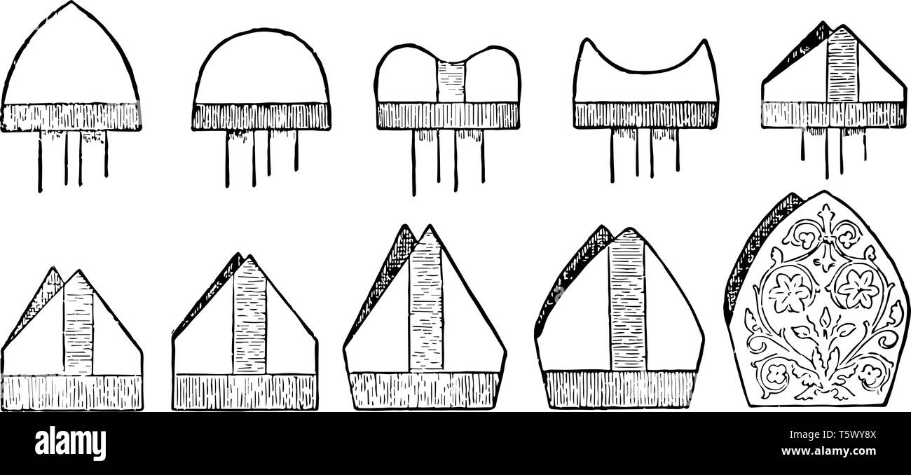 Mitre Evolution from 11th Century to Present Day vintage line drawing ...