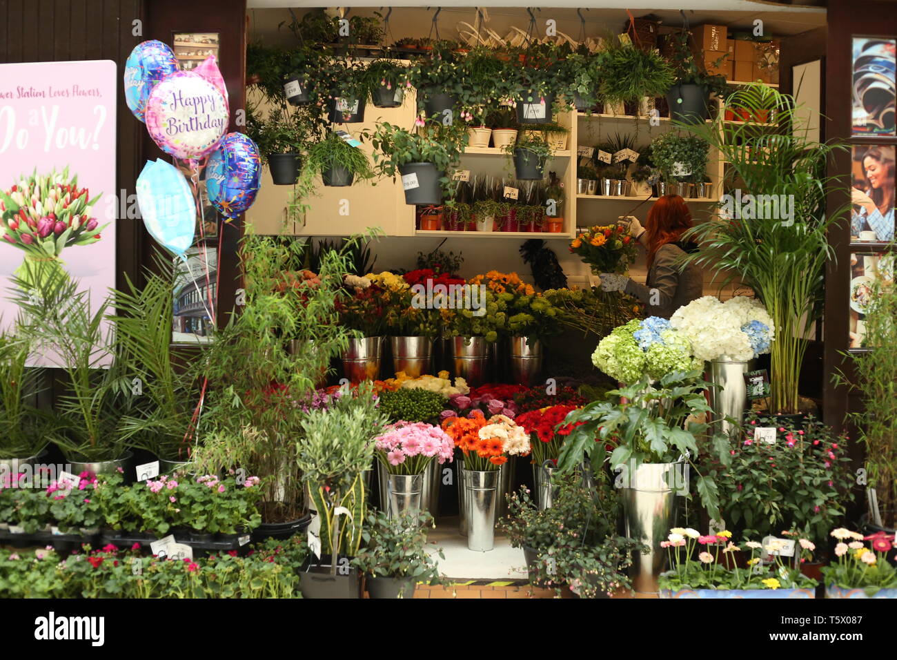 florist flower shop stand at station with birthday balloons Stock Photo ...