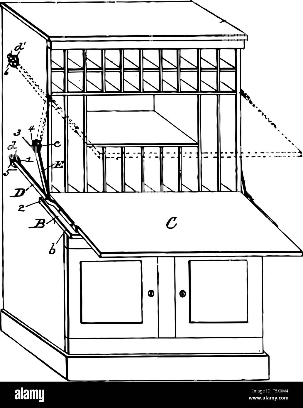 This illustration represents a desk which has multiple level, vintage ...