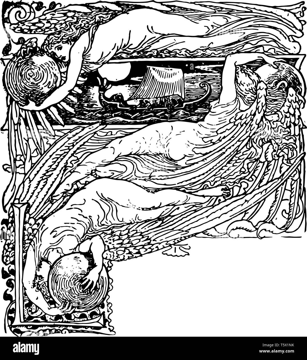 The Sirens Three is an illustration about the fairy tale vintage line ...