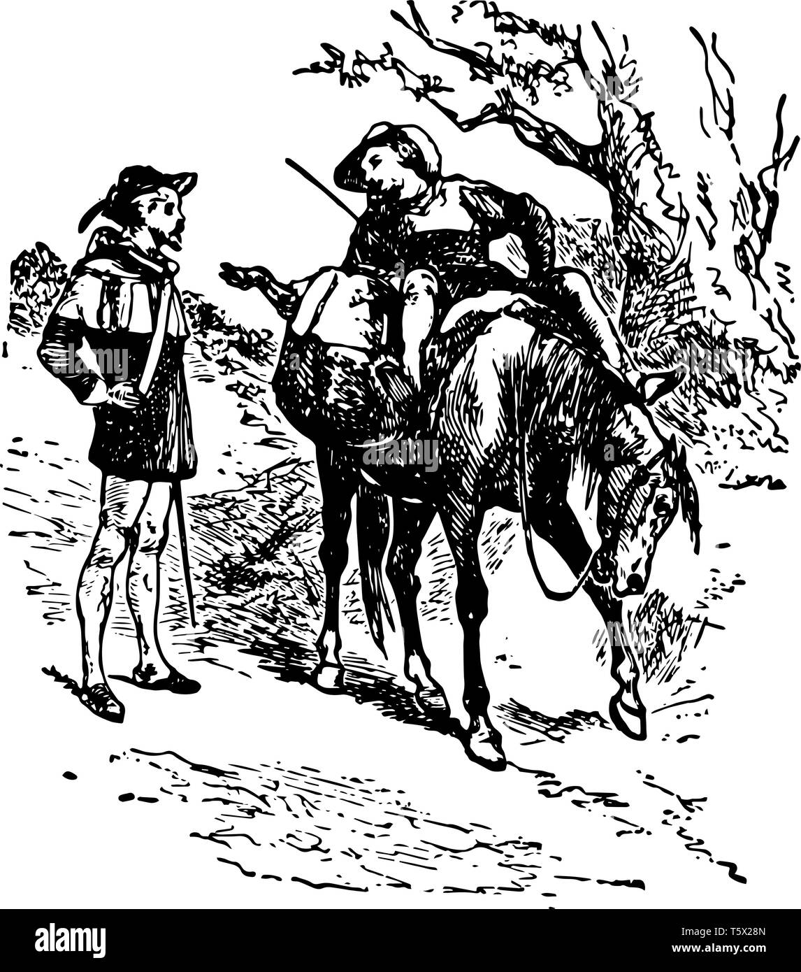 A man riding on horse talking to another man standing near horse ...