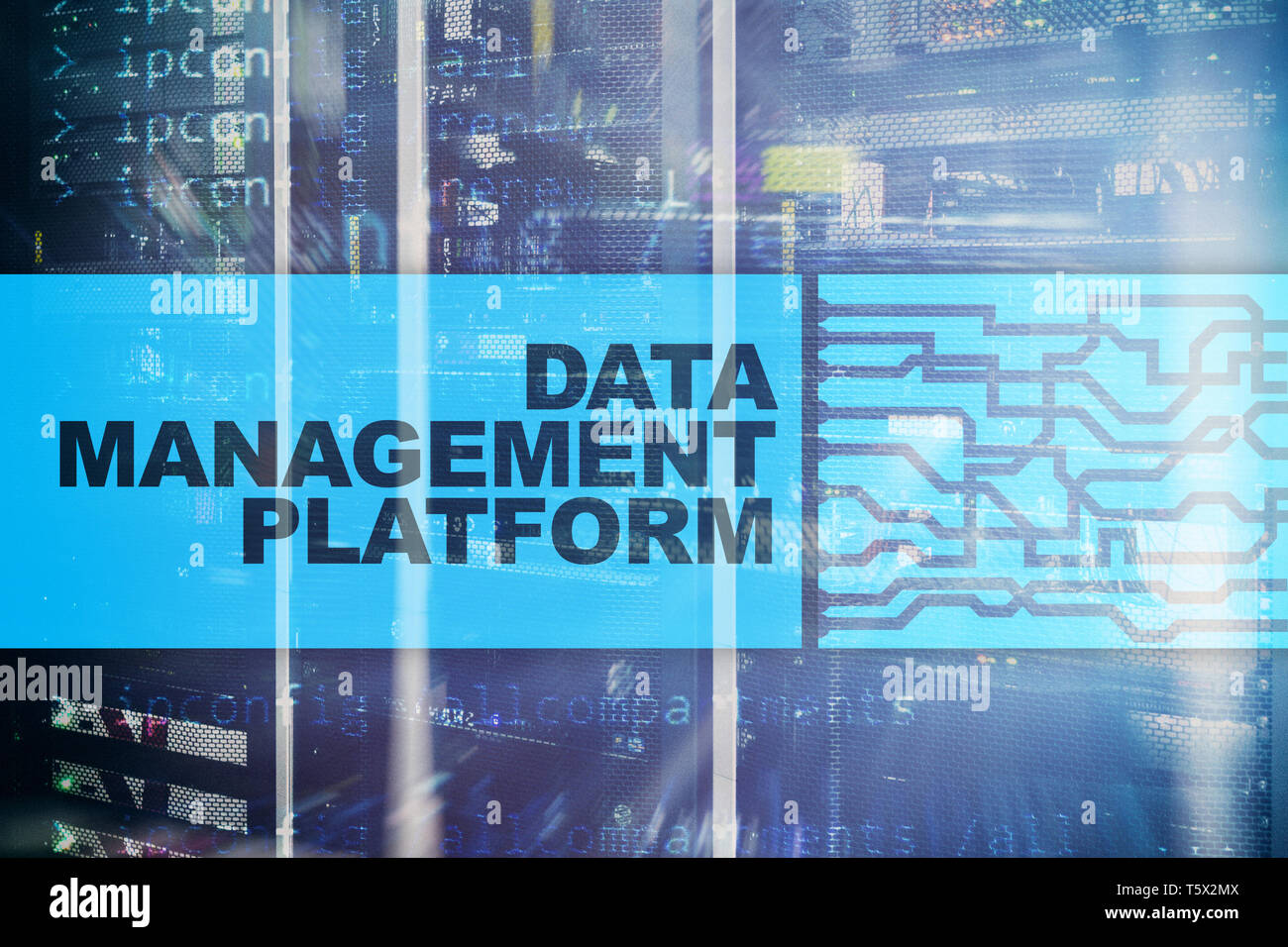 Data management and analysis platform concept on server room background ...