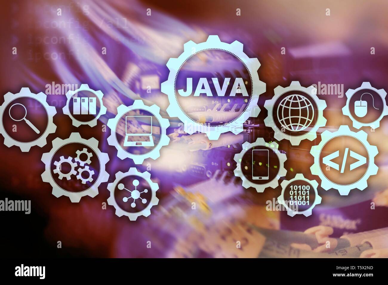 Java Programming concept. Virtual machine. On server room background ...
