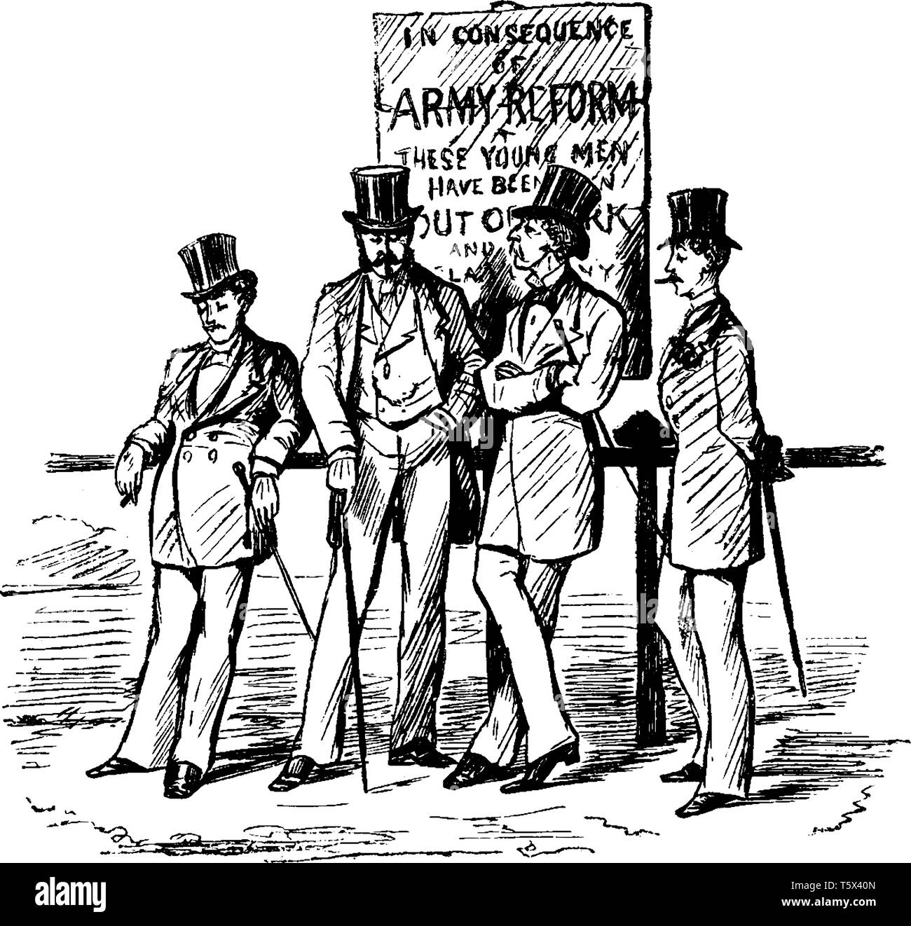 Four men leaning up fence and smoking, vintage line drawing or ...