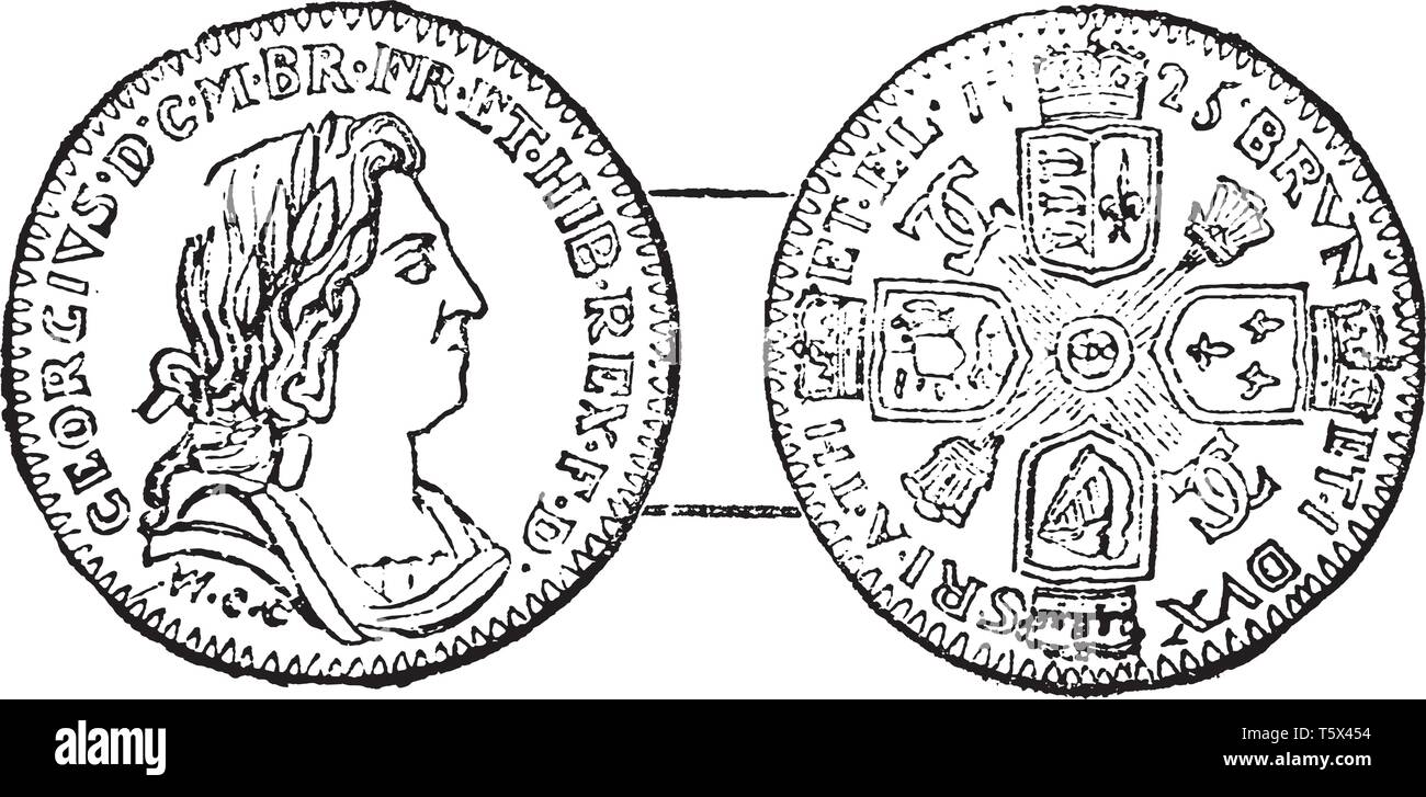 This illustration represents Coin of George I, vintage line drawing or ...