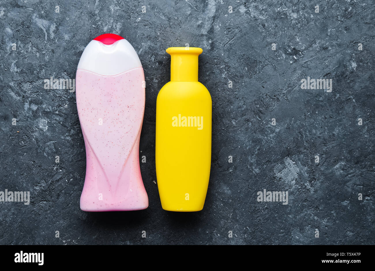 A group of objects for the care of their hygiene. A botle of shower ...