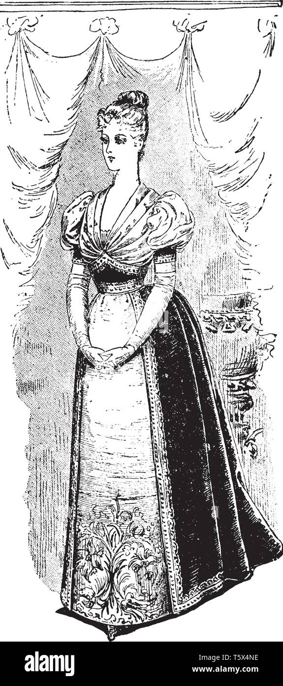 A woman wearing evening gown and standing, vintage line drawing or ...