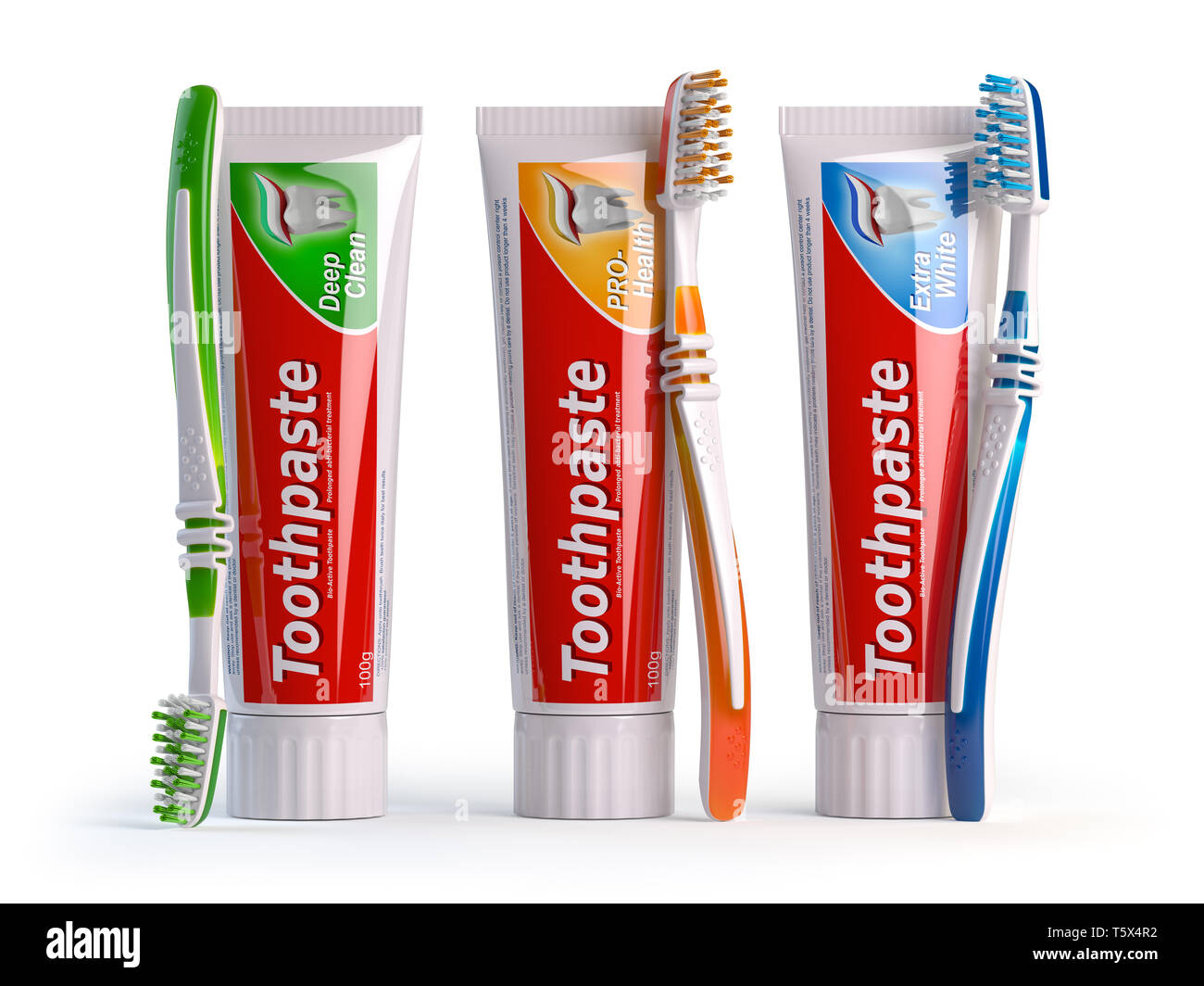 Toothpaste of different types and toothbrushes of different colors. 3d ...