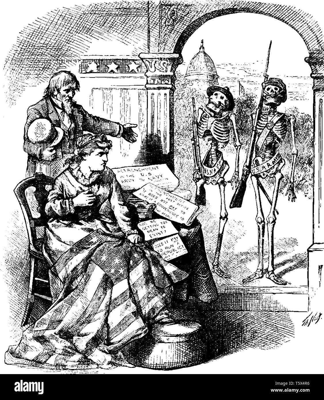 A Woman Sitting On Chair And Man Standing Behind Her Two Skull Bodies