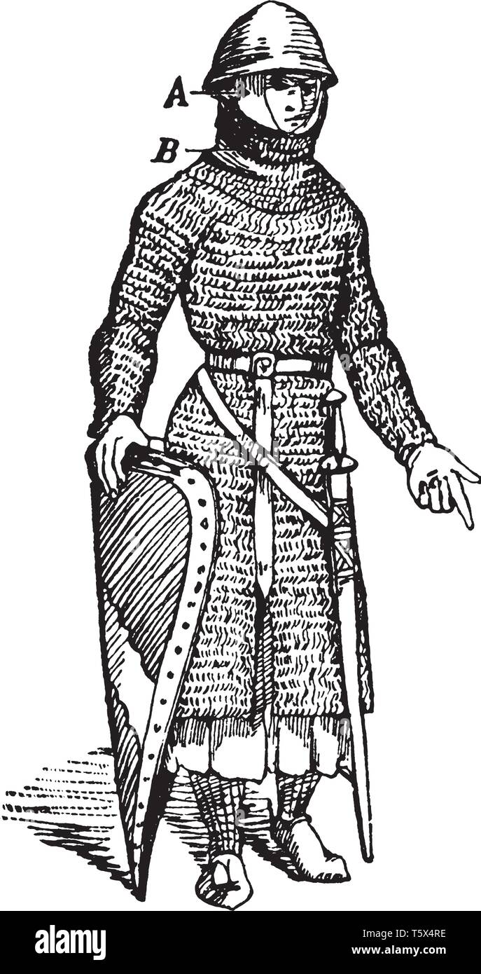 A man in full Armour uniform with harp, vintage line drawing or ...