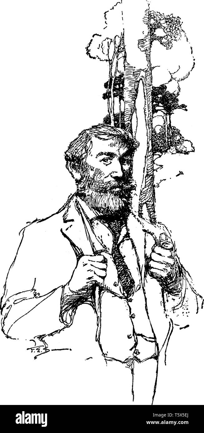 An old man standing near tree, vintage line drawing or engraving ...