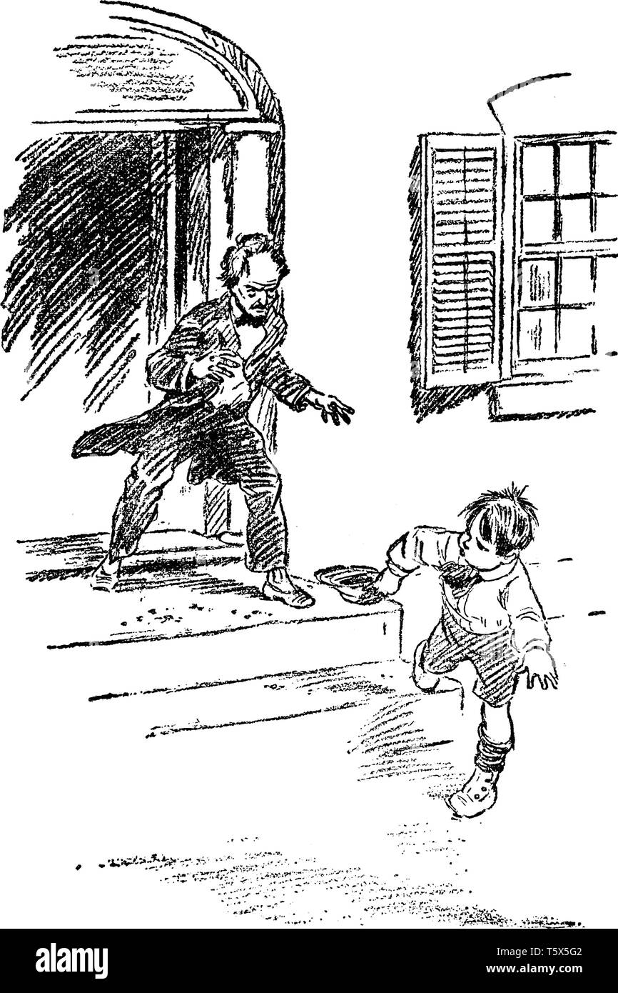 A man running after child, vintage line drawing or engraving ...