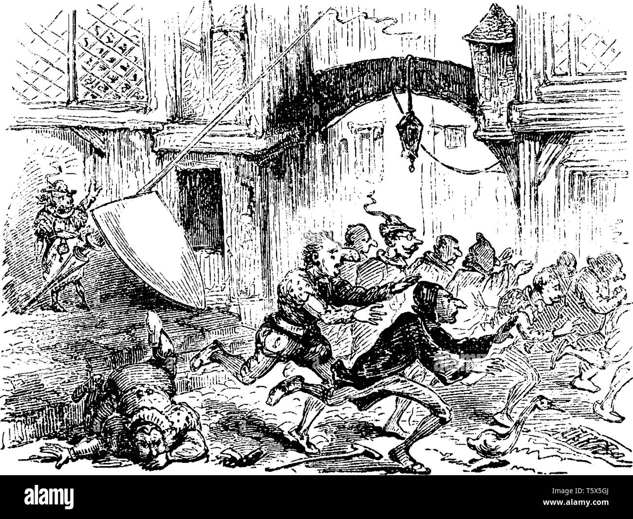 Group of men running, shield in background, vintage line drawing or ...