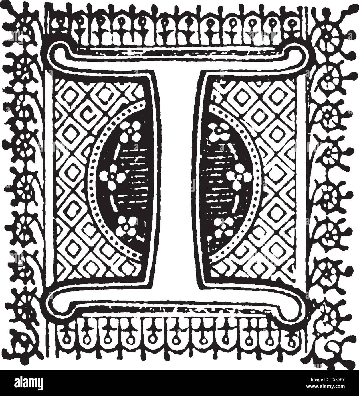 An ornamental and decorative letter I, vintage line drawing or ...