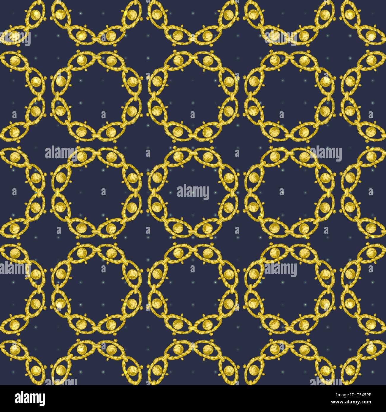 Seamless pattern with retro hand-drawn sketch golden chain on dark ...