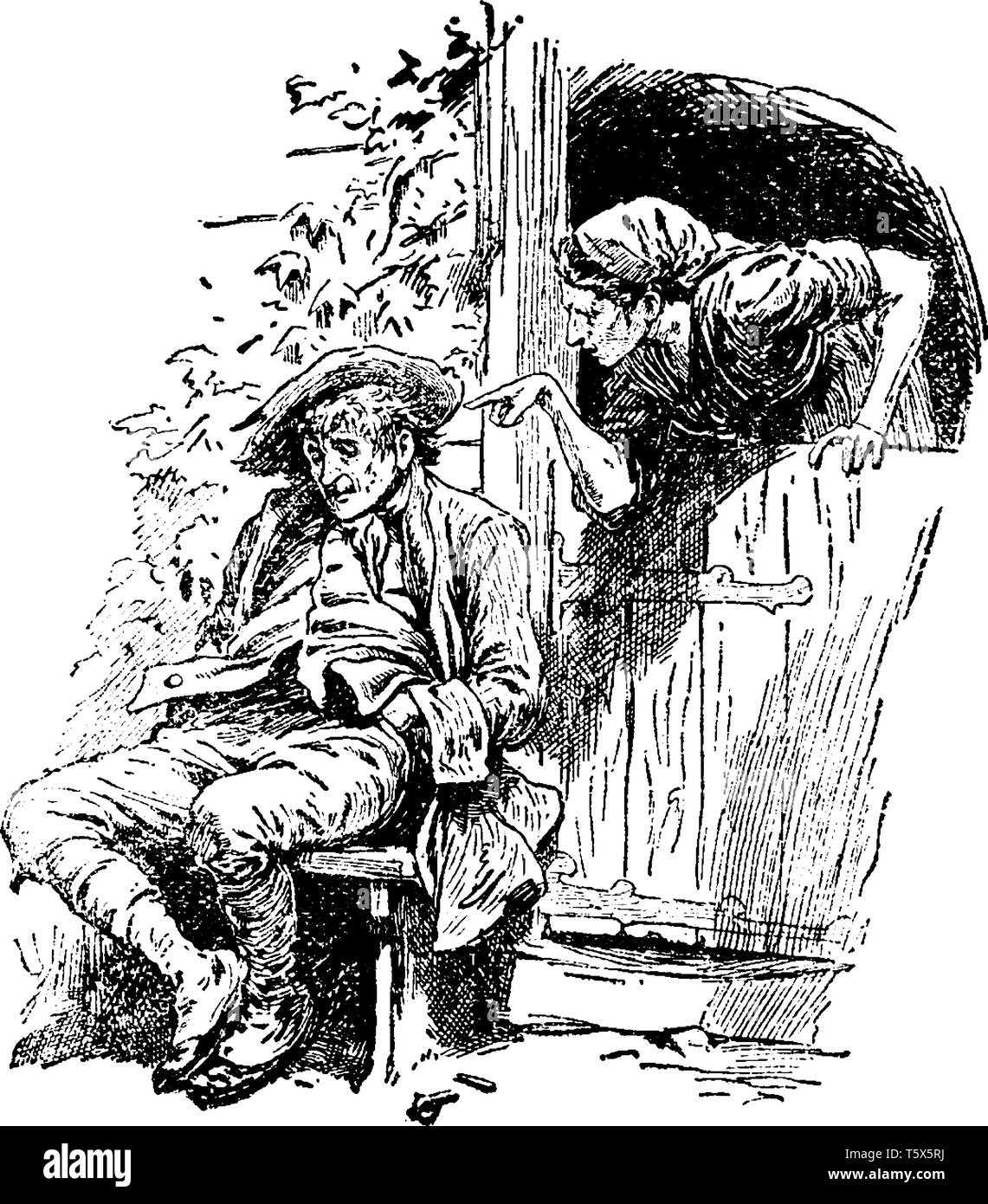 A woman arguing with man sitting outside, vintage line drawing or ...