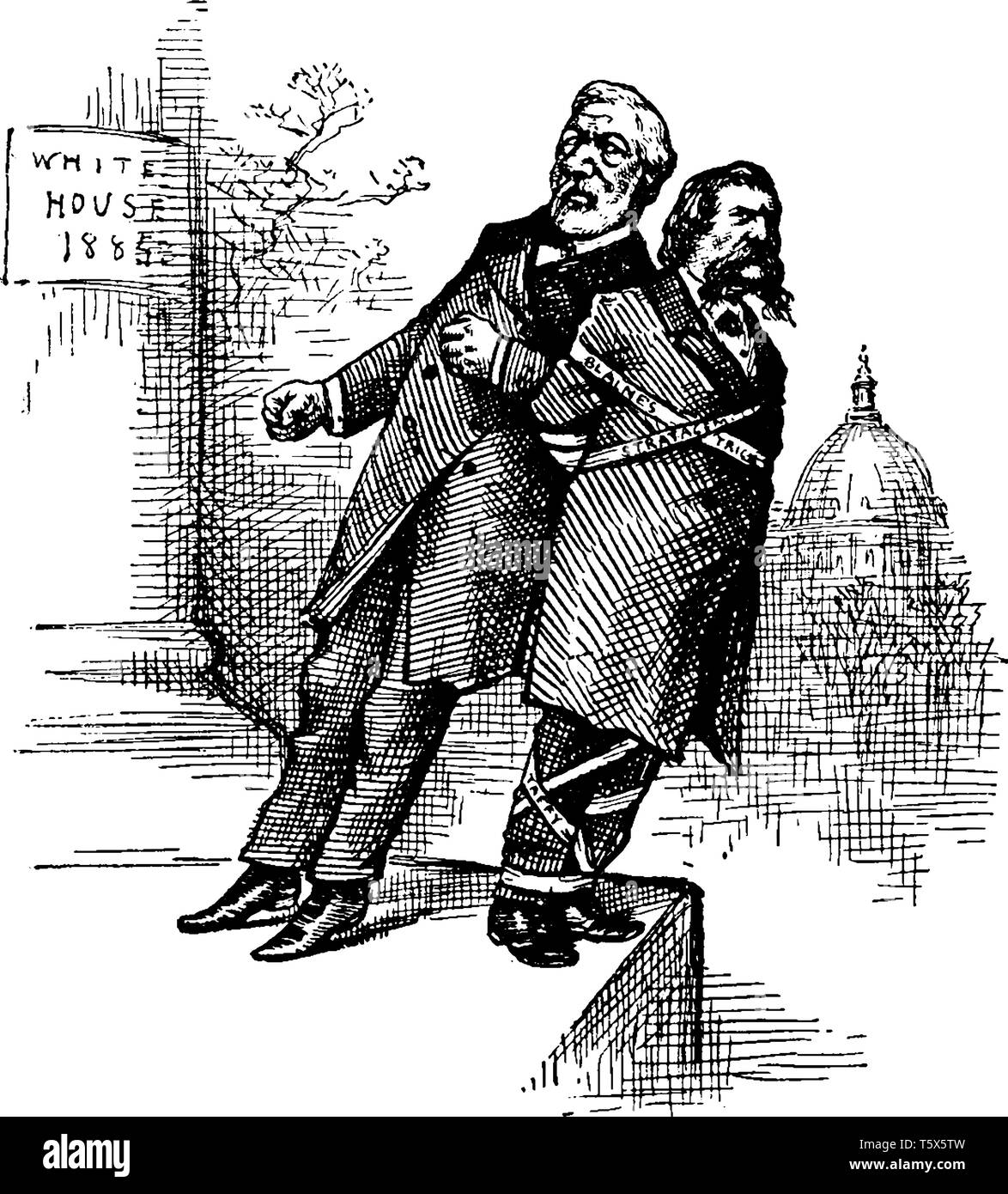 A man leaning on another man and pushing him, vintage line drawing or ...