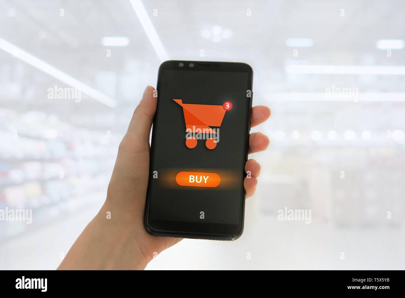 Hand holding mobile smart phone with my shopping carts screen on ...