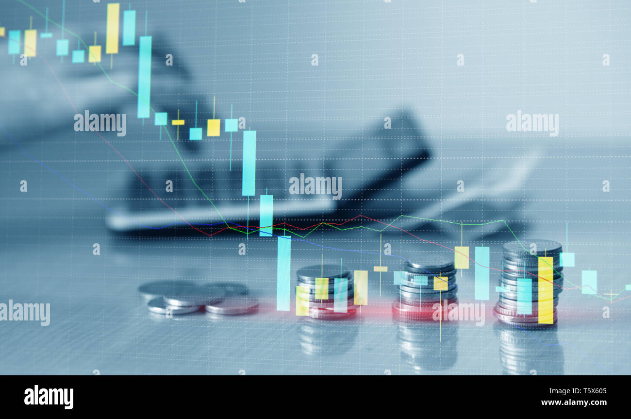Double exposure of financial graph chart and rows of coins with ...