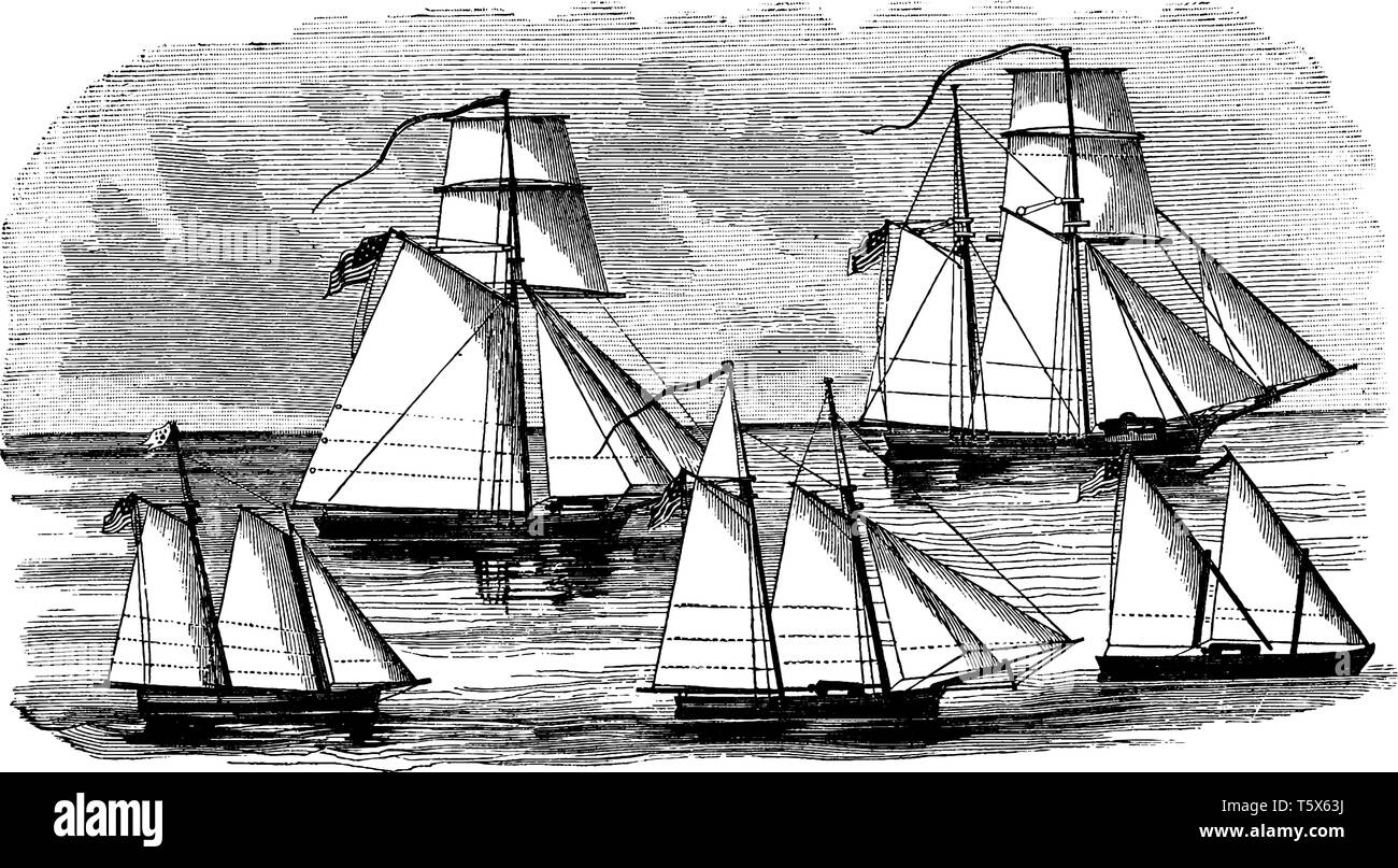 Gunboats in 1807 were wind powered ships, vintage line drawing or ...