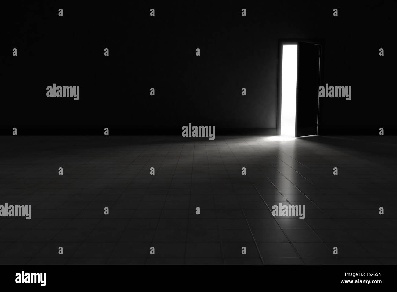 An open door with bright light streaming into a very dark room ...