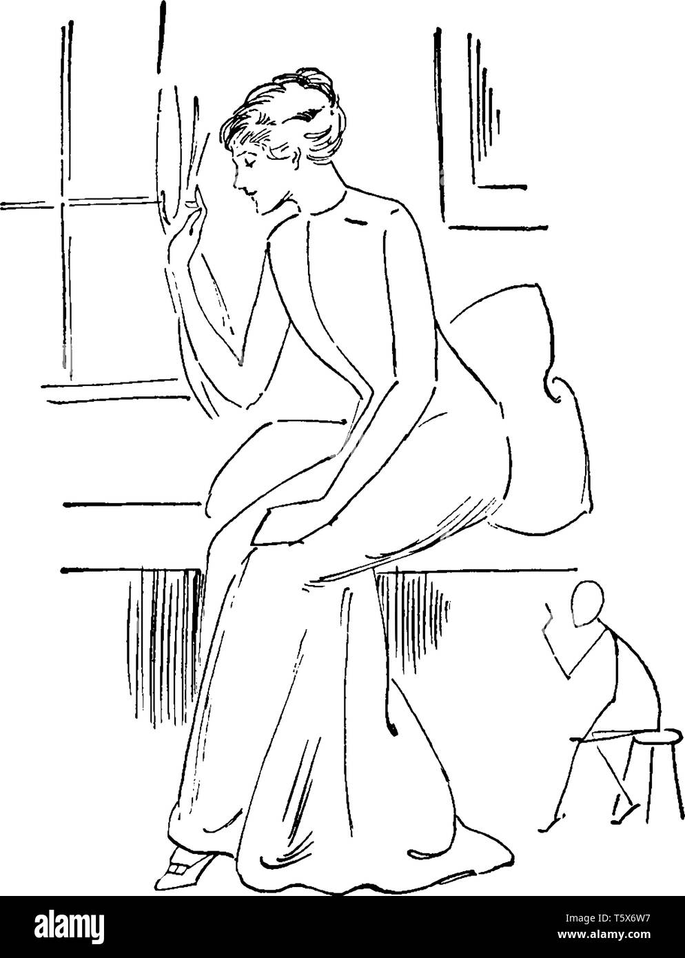 A woman sitting near window and looking outside, vintage line drawing ...