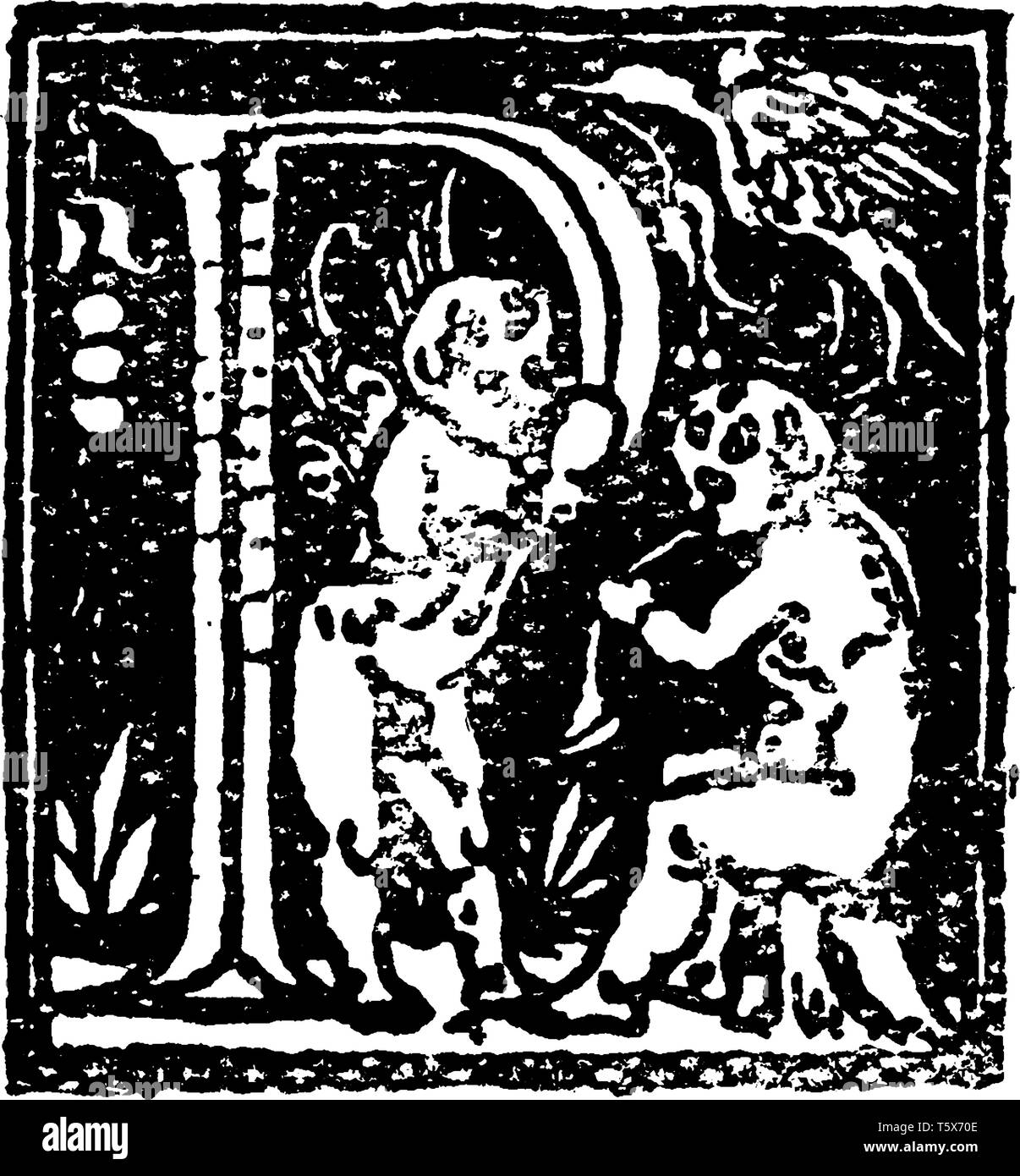 A capital letter P with two baby angels, vintage line drawing or ...