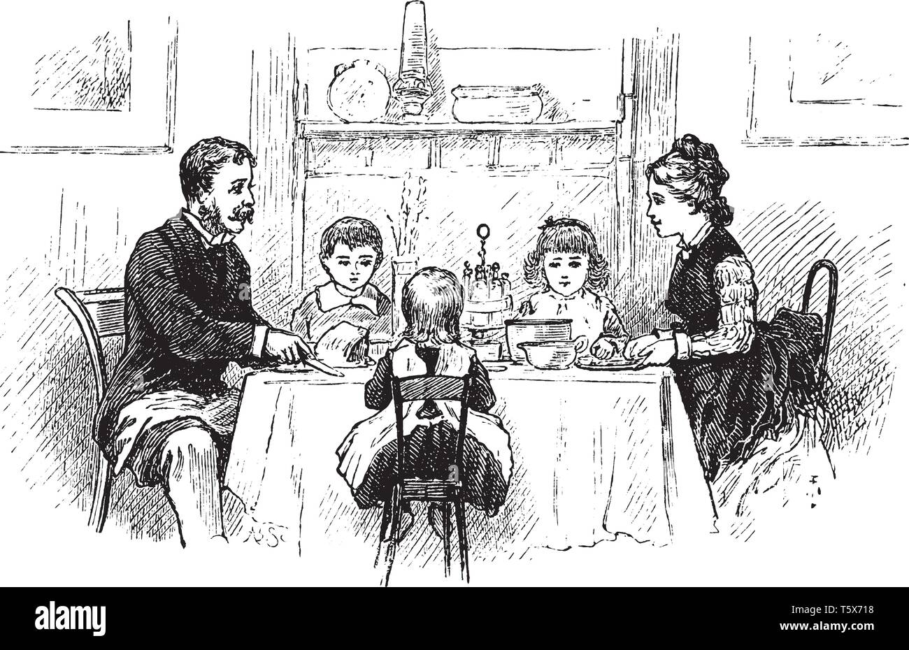 A family having dinner, vintage line drawing or engraving illustration ...
