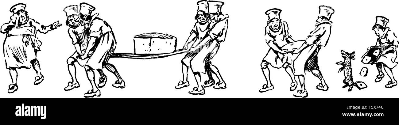 Group of kitchen staff carrying large quantity of food, vintage line ...