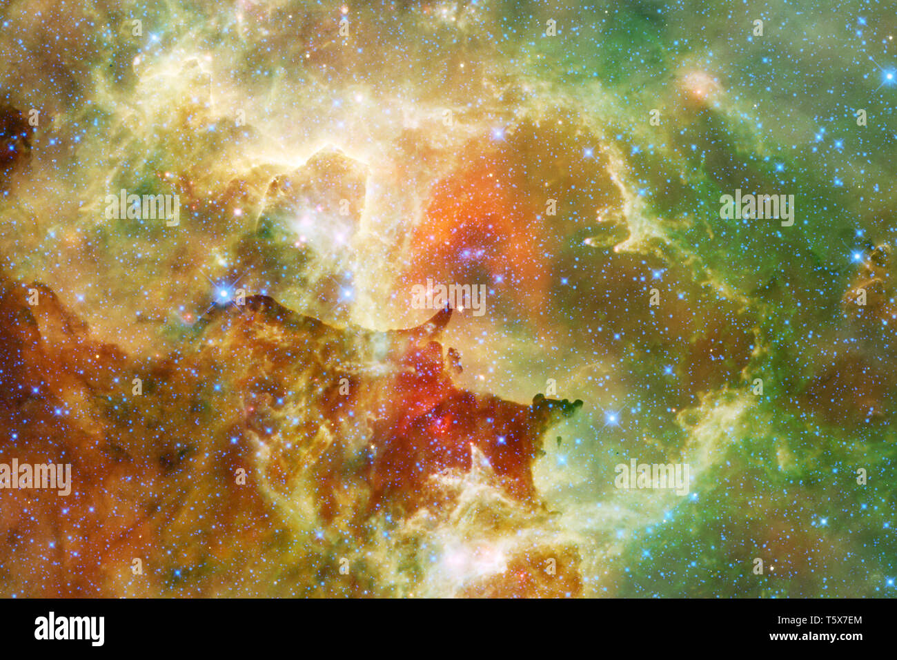 Universe scene with bright stars and galaxies in deep space showing the ...