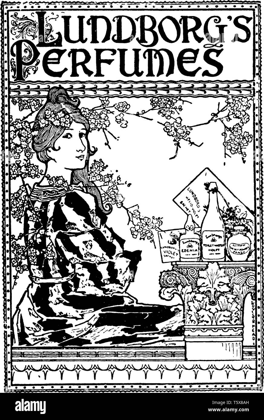 A perfume advertisement with woman, vintage line drawing or engraving ...