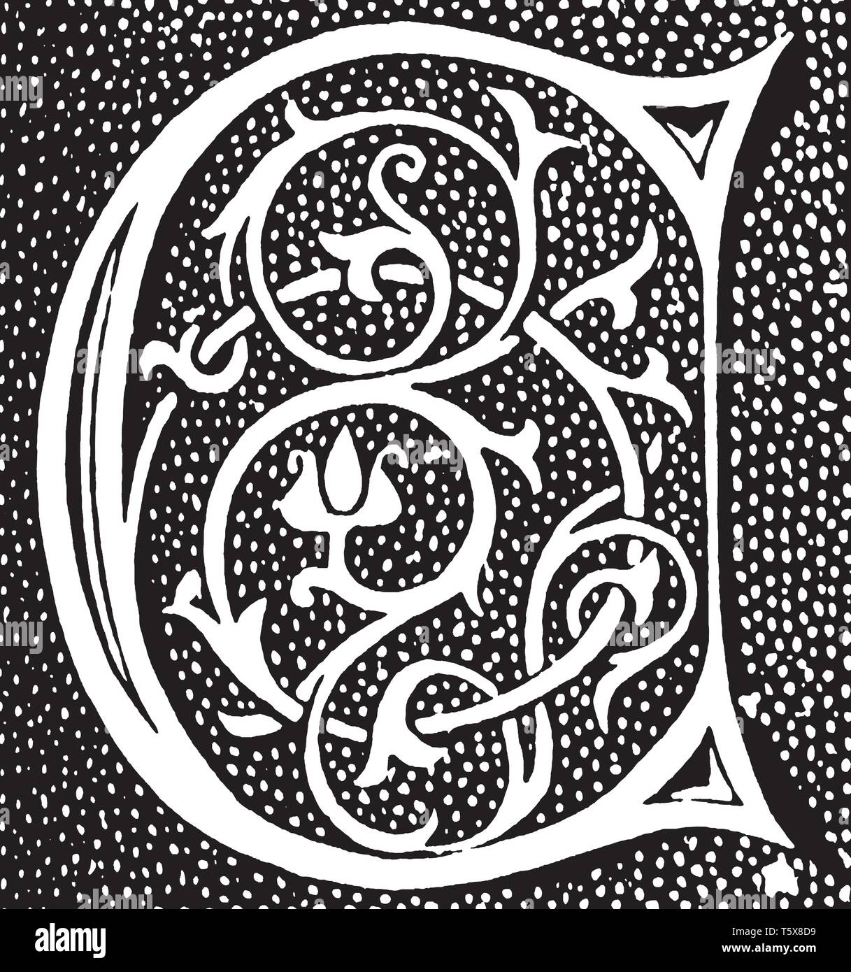An ornamental and decorative capital letter C, vintage line drawing or ...