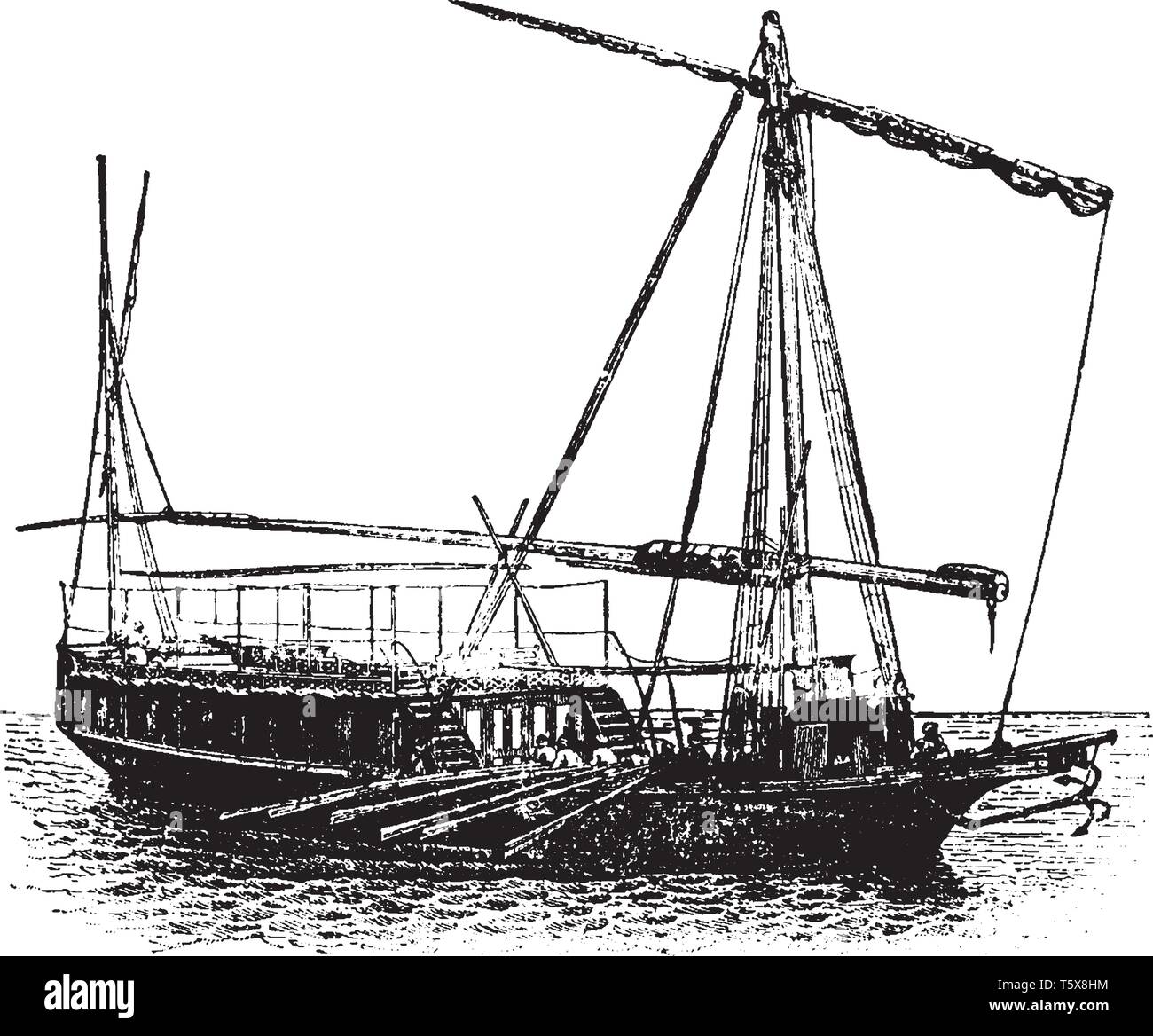 Dahabiyeh is an old boat powered by both sails and oars, vintage line ...