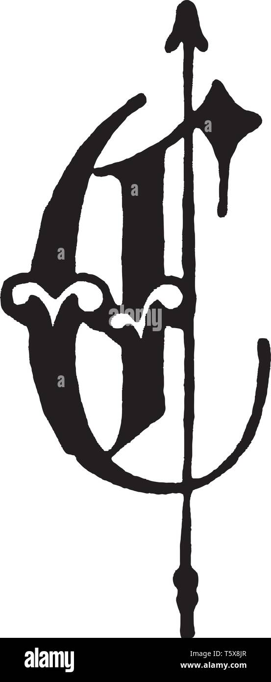 An old English letter C with fancy text, vintage line drawing or ...