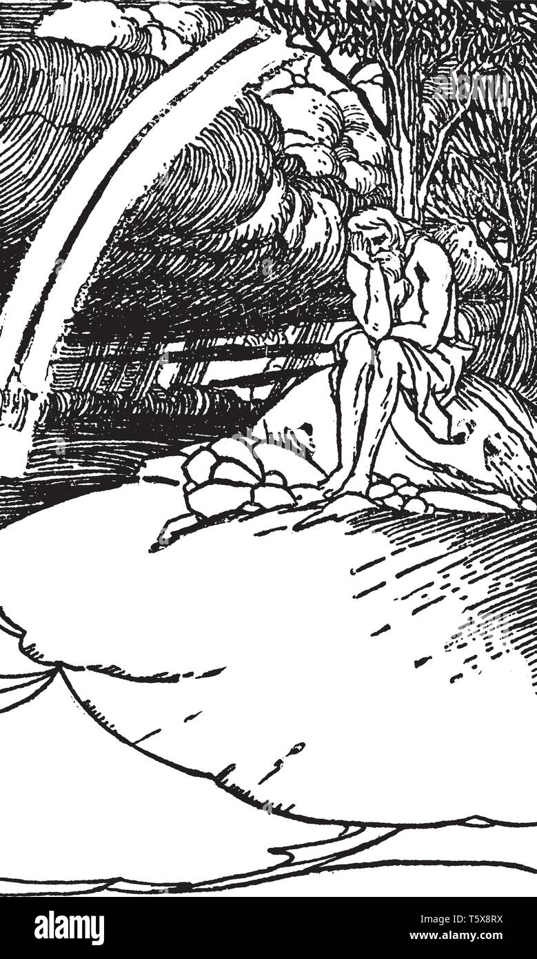 Adam sitting on a stone weeping, vintage line drawing or engraving ...