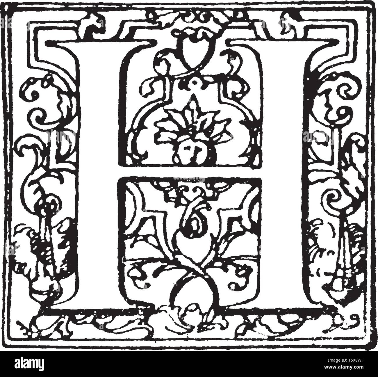 A capital letter H in Renaissance, vintage line drawing or engraving ...