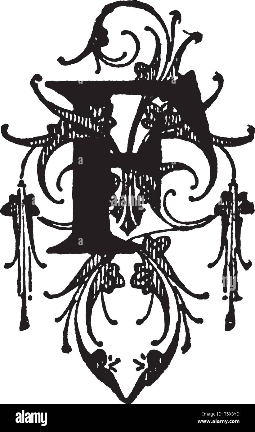 A decorative and floral capital letter F, vintage line drawing or ...