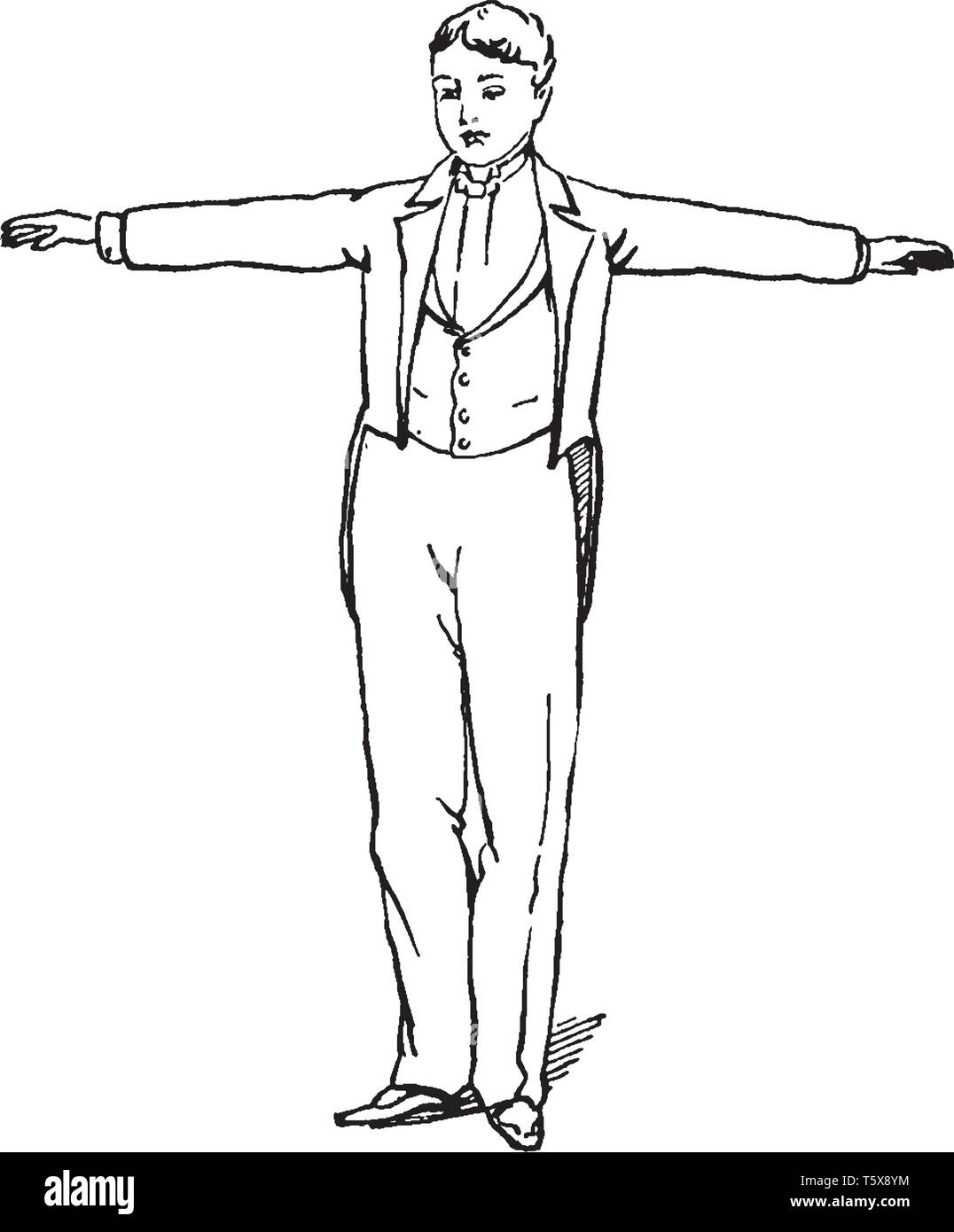 A man with hands stretched outwards, a gesture of dispersion, vintage ...