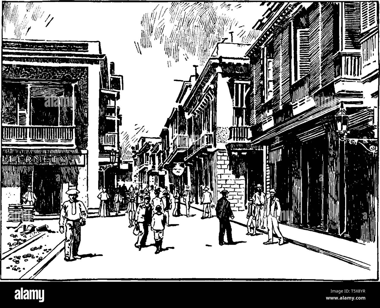 This illustration represents Street Scene in San Juan, vintage line ...